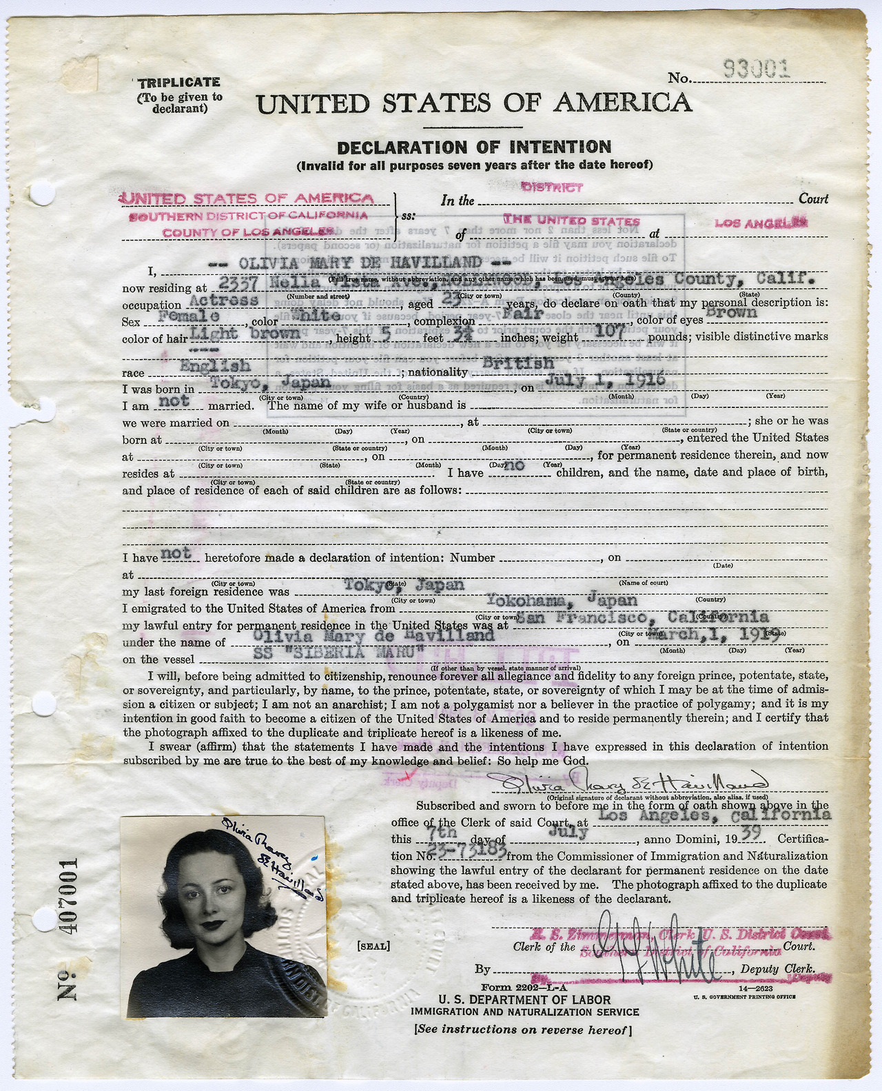 Errol Flynn, Olivia de Havilland Immigration forms! « The Errol Flynn Blog